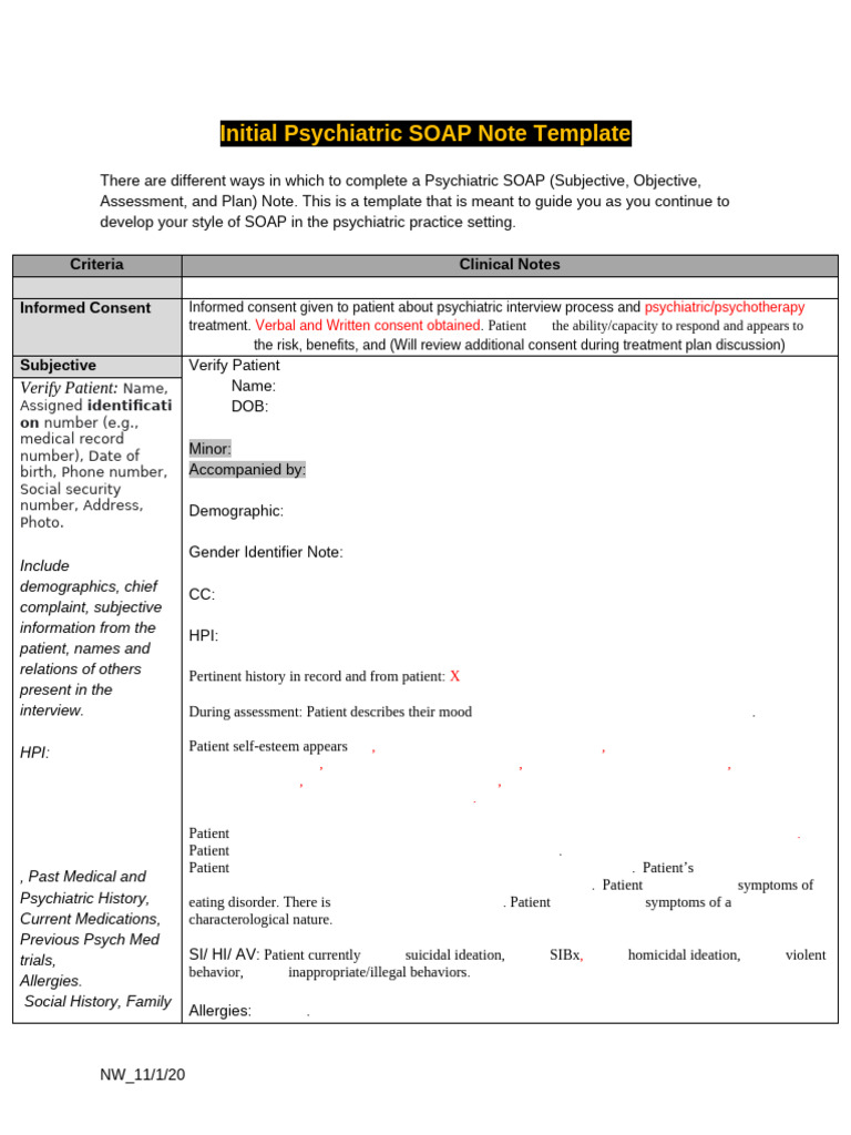 Initial Psychiatric SOAP Note Template Adult and Child | PDF | Psychiatry | Mental Disorder