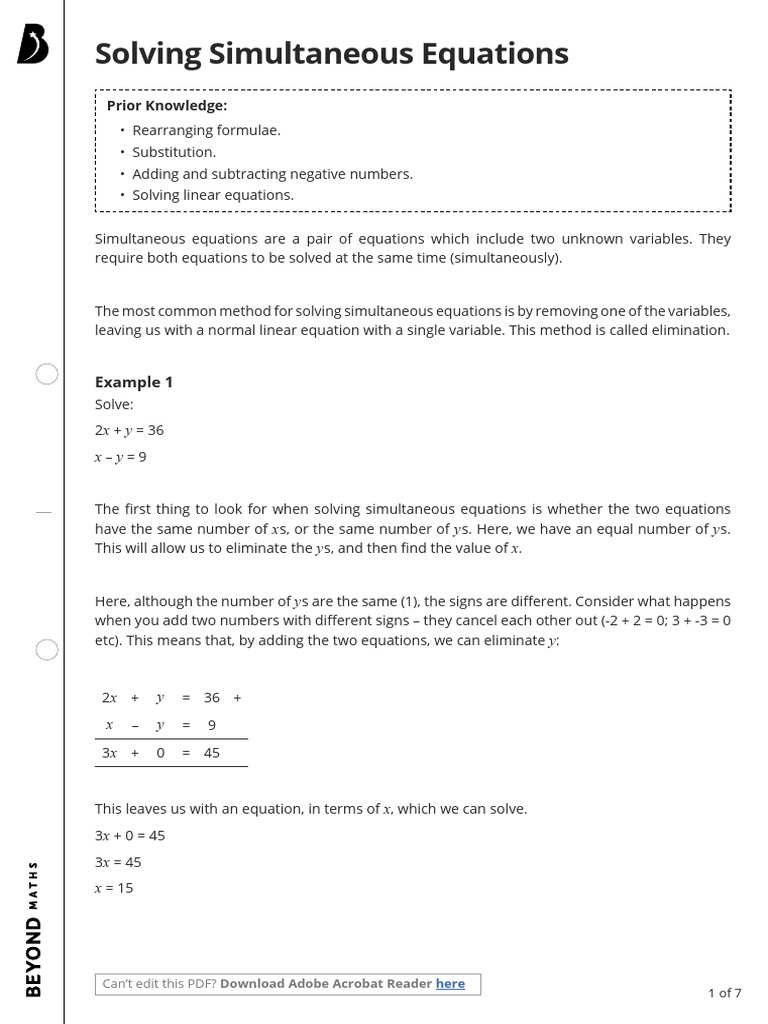 Solving Simultaneous Equations Guide | PDF | Equations | Variable ...