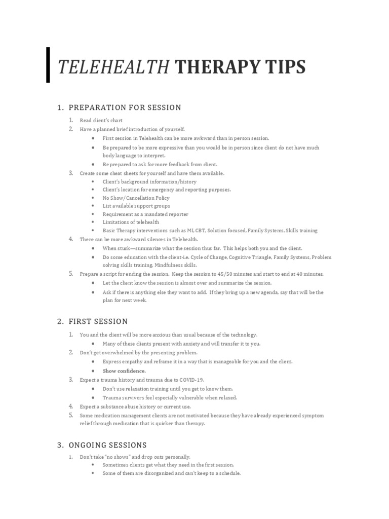 Telehealth Therapy Session Tips | PDF | Mental Health | Psychology
