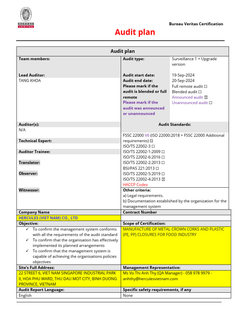Audit Plan - Hercules - FSSC 22000 - SA 1-19-20 Sep 2024 | PDF | Audit ...