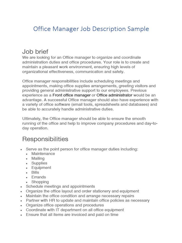 Office Manager Job Description Sample | PDF | Business