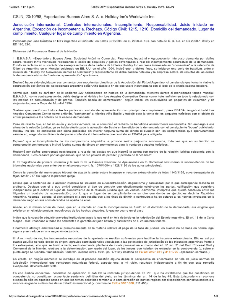 Fallos DIPr - Exportadora Buenos Aires C. Holiday Inn's. CSJN | PDF | Jurisdicción | Caso de ley
