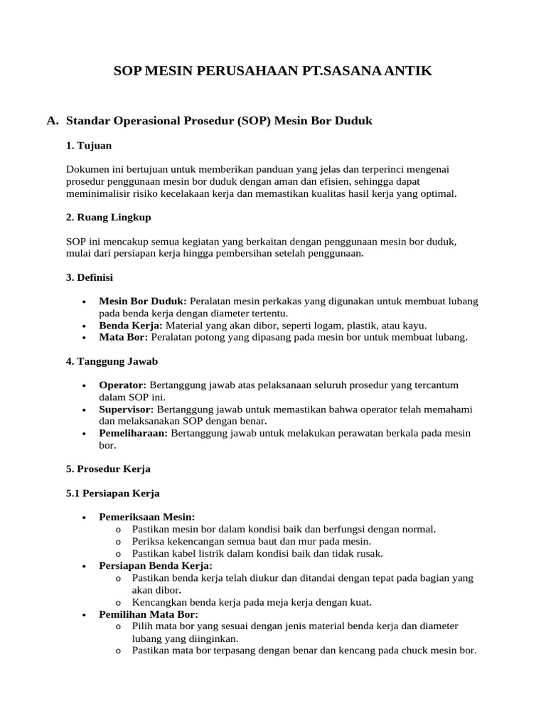 Sop Mesin Bor Duduk | PDF