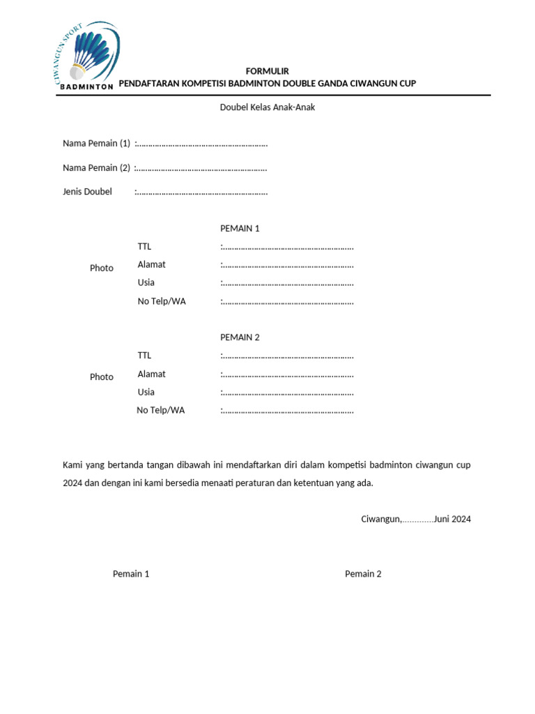 Formulir Pendaftaran Badminton Pdf