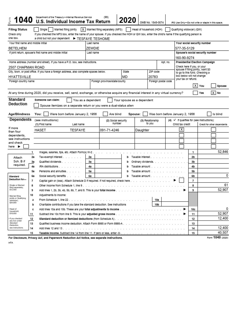 2020 U.S. Individual Income Tax Return | PDF | Irs Tax Forms | Social ...
