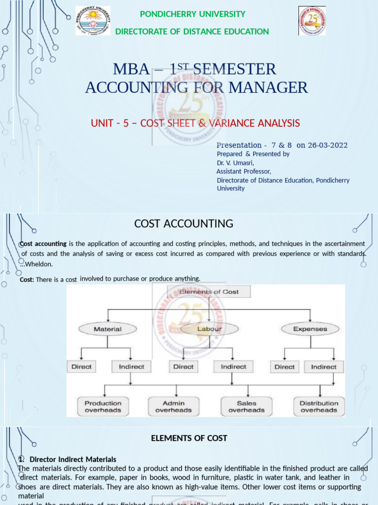 Mba - 1 Semester Accounting For Manager: Unit - 5 - Cost Sheet ...