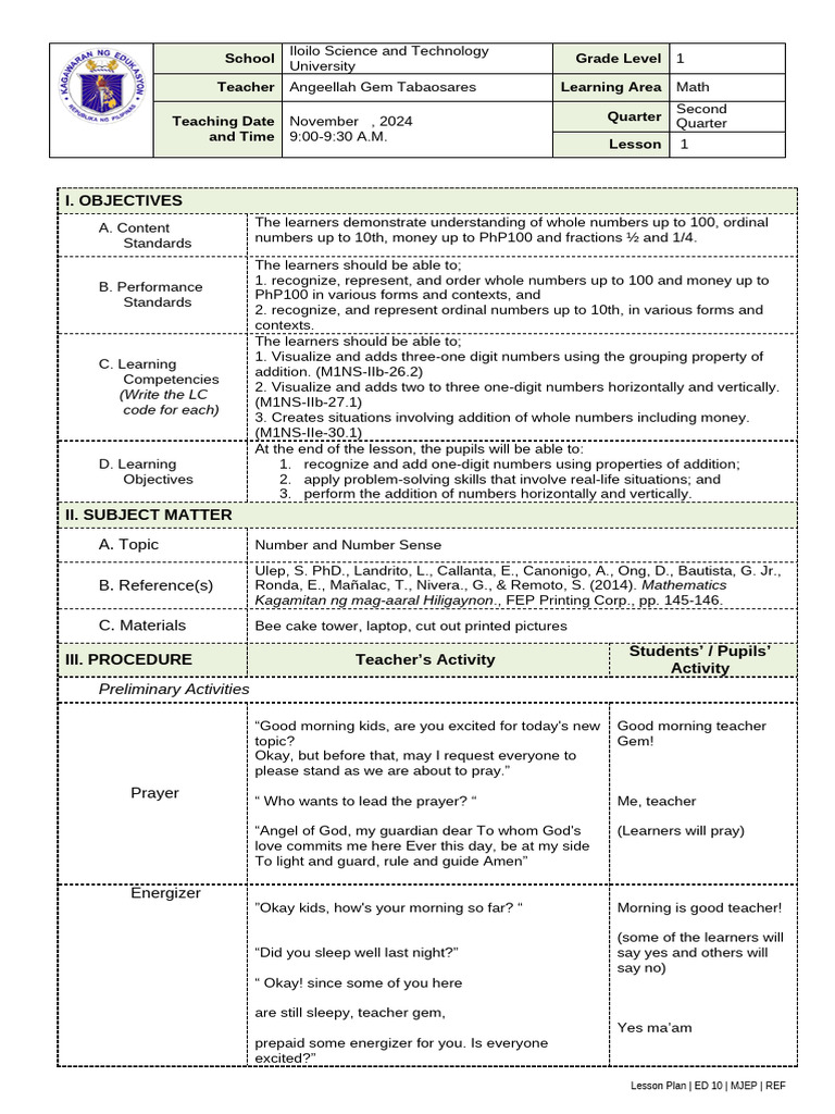Ed 10 Lesson Plan Finalll Format | PDF | Cognition | Behavior Modification