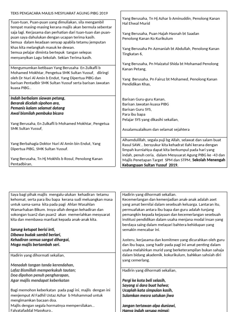 Teks Pengacara Majlis Mesyuarat Agung Pibg 2018 | PDF | Karier & Perkembangan | Kesehatan Holistik