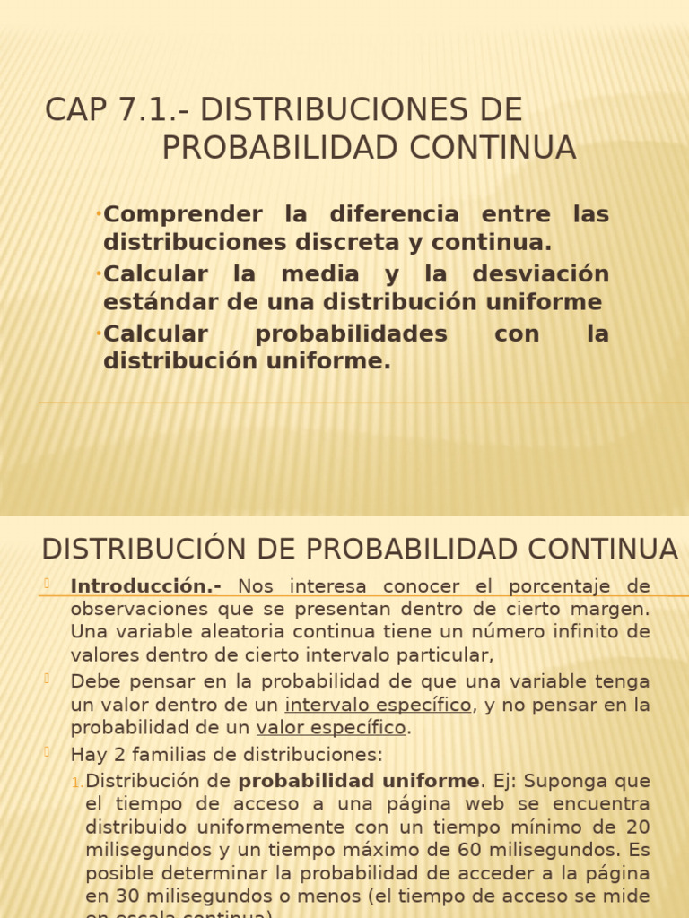 CAP 7-1 Distrib Prob Conti Distrib Uniforme | PDF | Desviación Estándar | Variable aleatoria