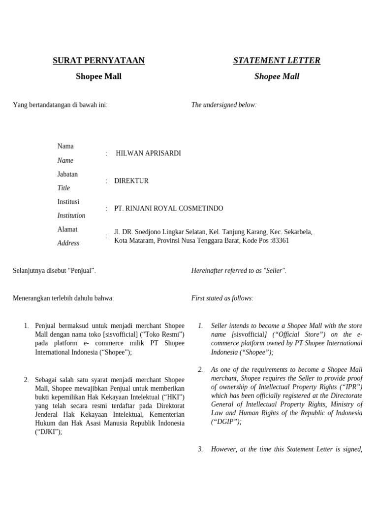 HAKI DJKI - Statement Letter For Shopee Mall | PDF | Pengelolaan ...