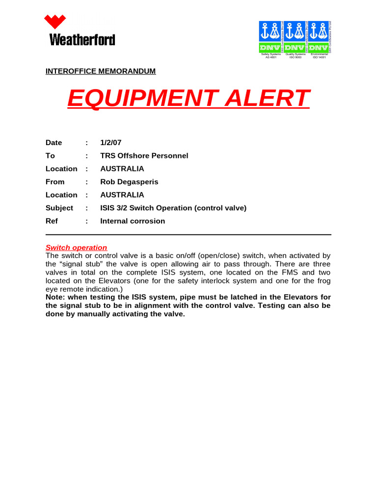 Equipment Alert ISIS | PDF | Valve | Mechanical Engineering
