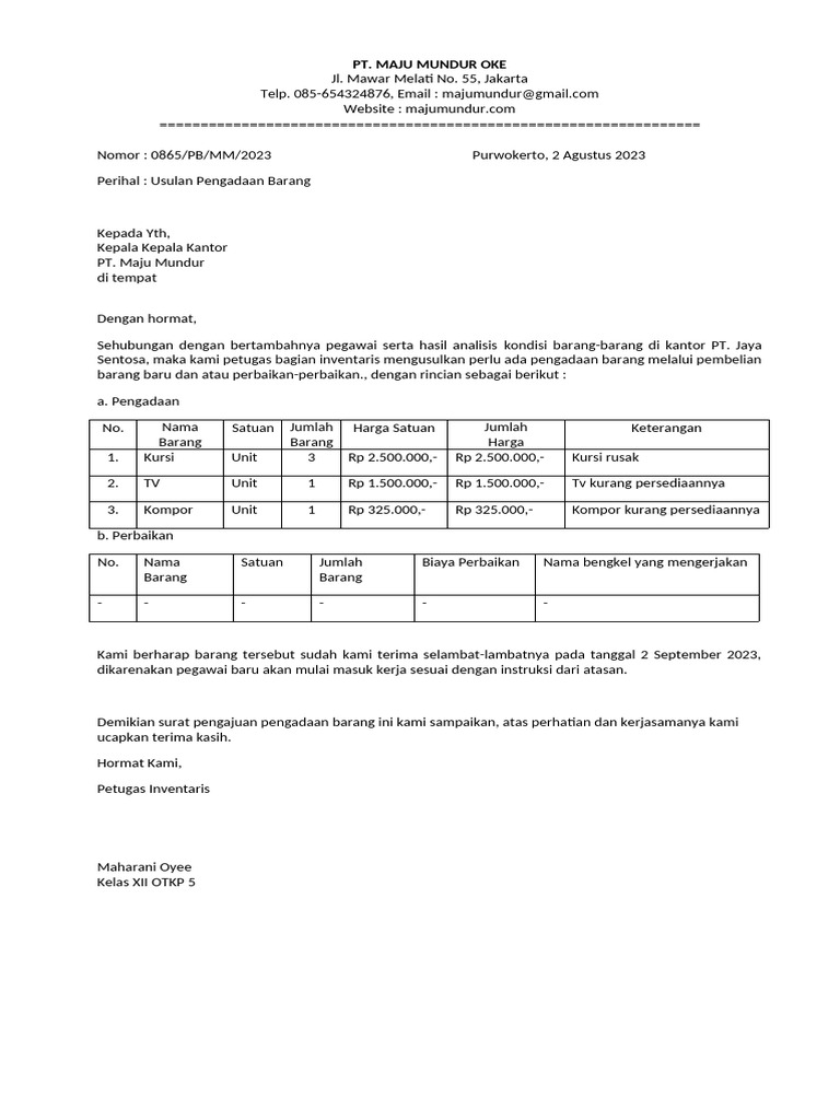 Contoh Surat Usulan Pengadaan Barang | PDF