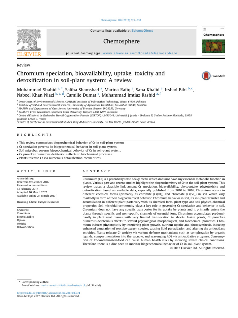 Chromium Speciation, Bioavailability Uptake Toxicity and Detoxification in Soil-Plant System A ...