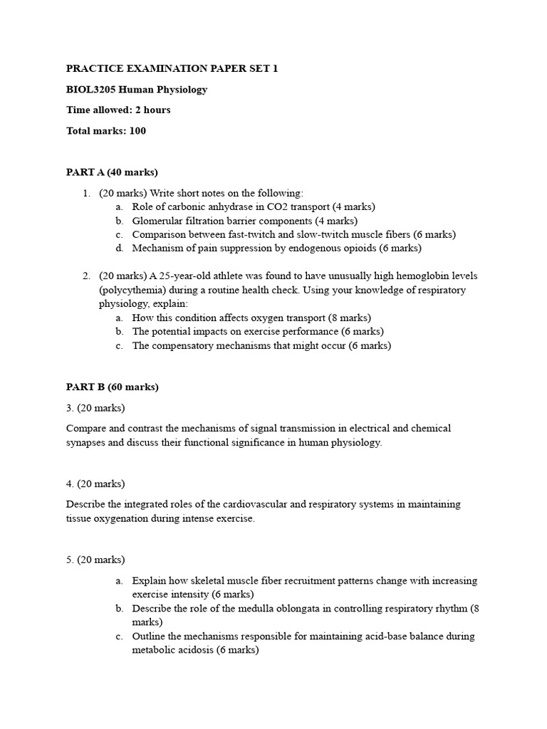 Human Physiology Practice Exam Set 1 | PDF