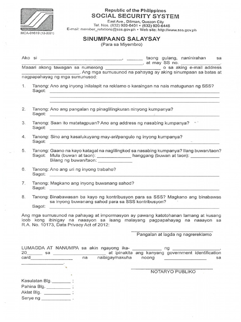 Tagalog Sinumpaang Salaysay para Sa Miyembro (MCA-01619) | PDF