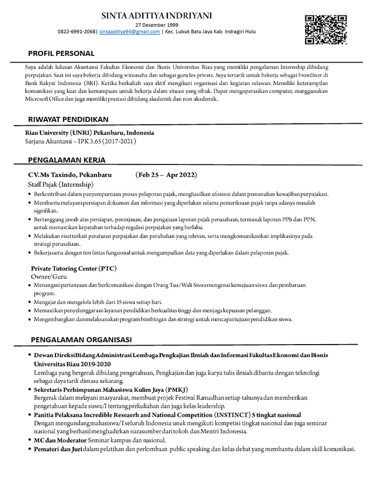 CV Bri SINTA ADITIYA INDRIYANI | PDF | Pengembangan Diri