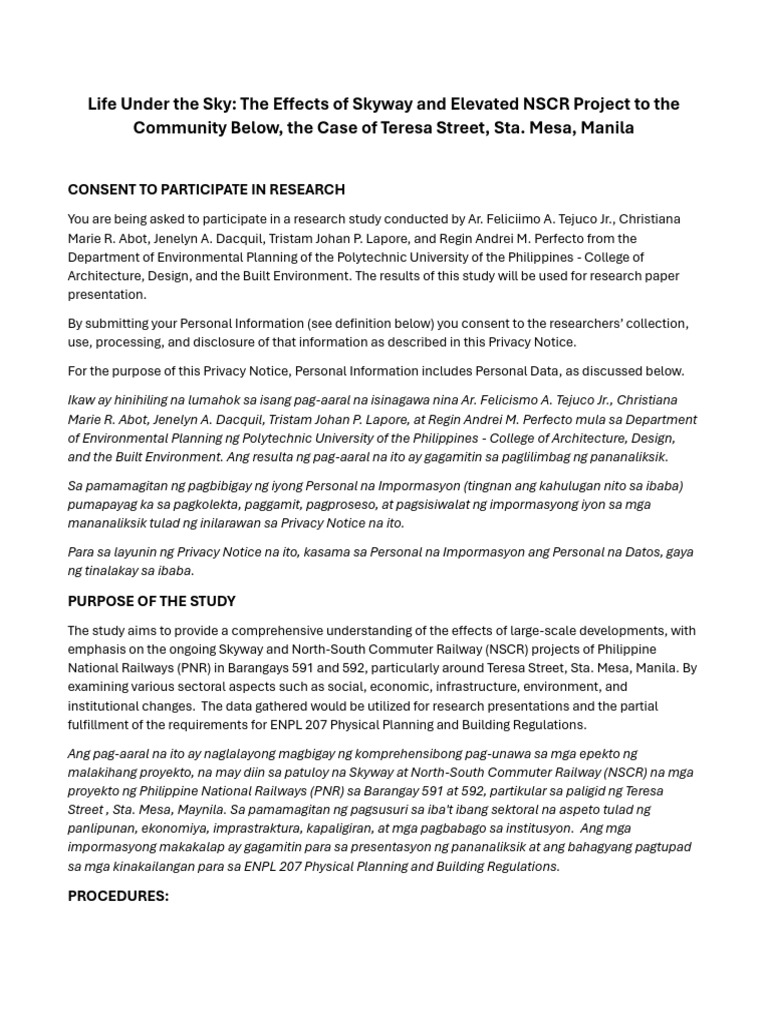 The Effects Of Skyway And Elevated Nscr Project To The Community Below