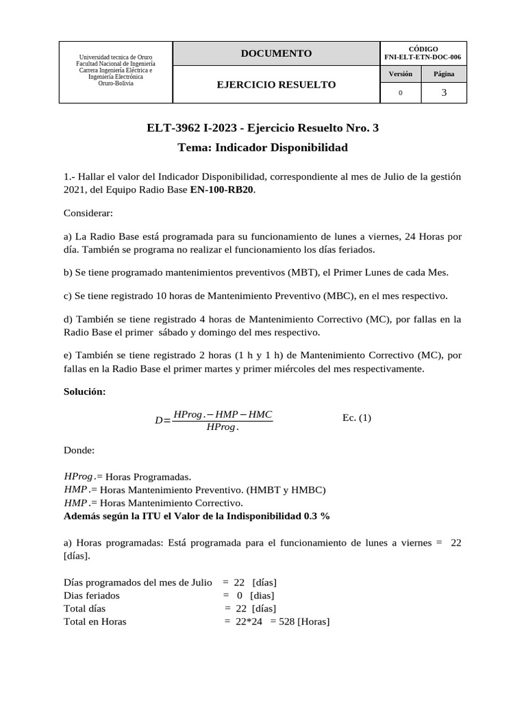 ELT-3962 I-2023 - UT2 - Ejercicio Resuelto Nro. 3 - Indicador Disponibilidad | PDF | Ingeniería