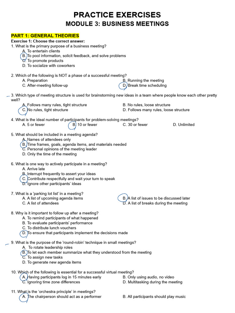 Be322 w5 Business Meetings 2 Practice Exercises | PDF | Brainstorming