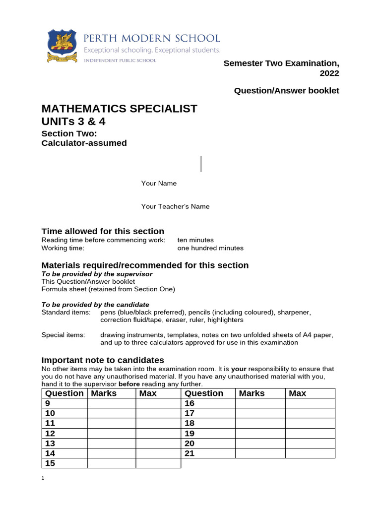 12 SPECIALIST Sems Two_Calc_Assumed_Exam_2022MARKING KEY | PDF | Sphere ...