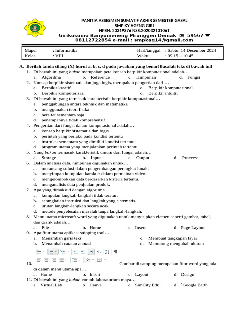 SOAL ASAS GASAL 24-25 INFORMATIKA 8 | PDF