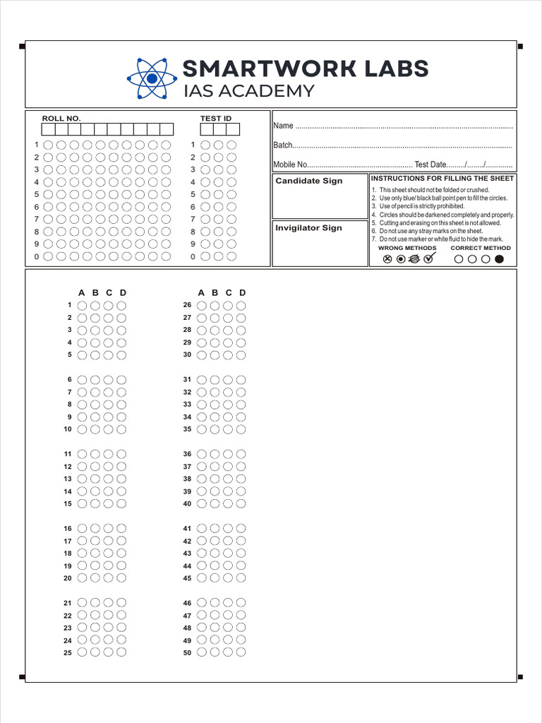 50 Questions OMR Sheet Instructions | PDF