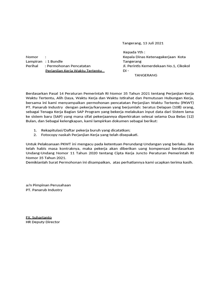 Surat Permohonan PENCATATAN PKWT | PDF