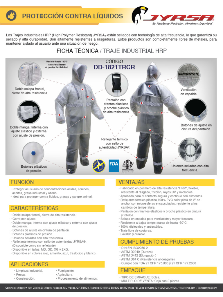 Traje Industrial HRP JYRSA DD 1821TRCR | PDF | El plastico | Materiales