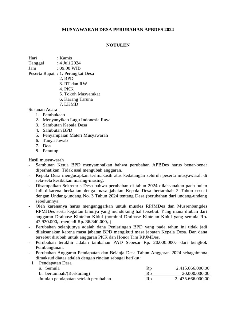 Notulen Musdes Perubahan Apbdes 2024 | PDF