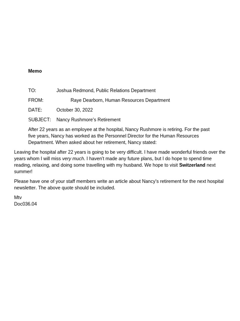 Nancy Rushmore's Retirement Memo | PDF