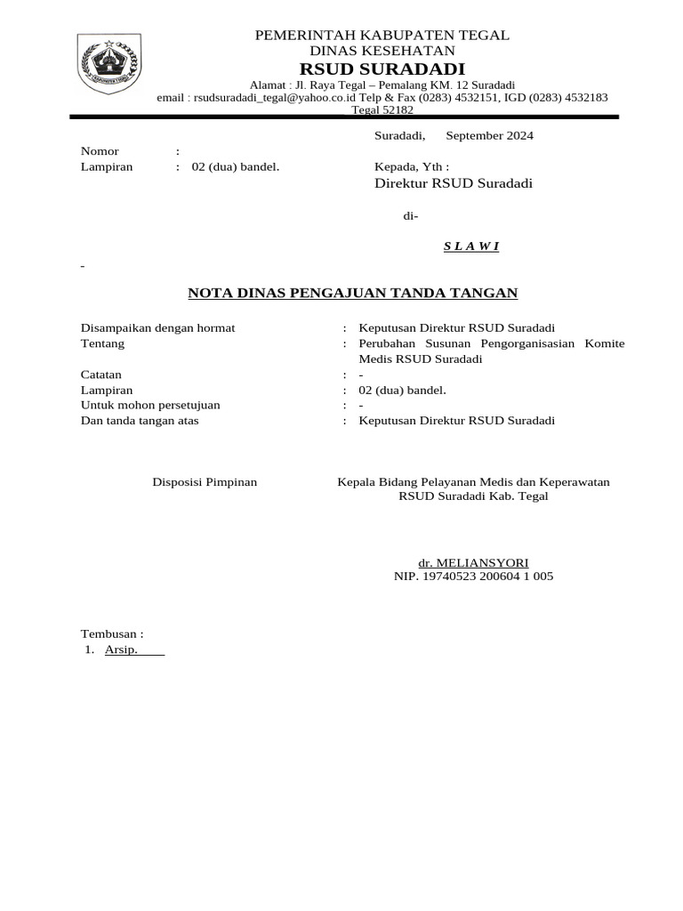 Nota Dinas Pengajuan Tanda Tangan Direktur SK KOMITE MEDIK | PDF