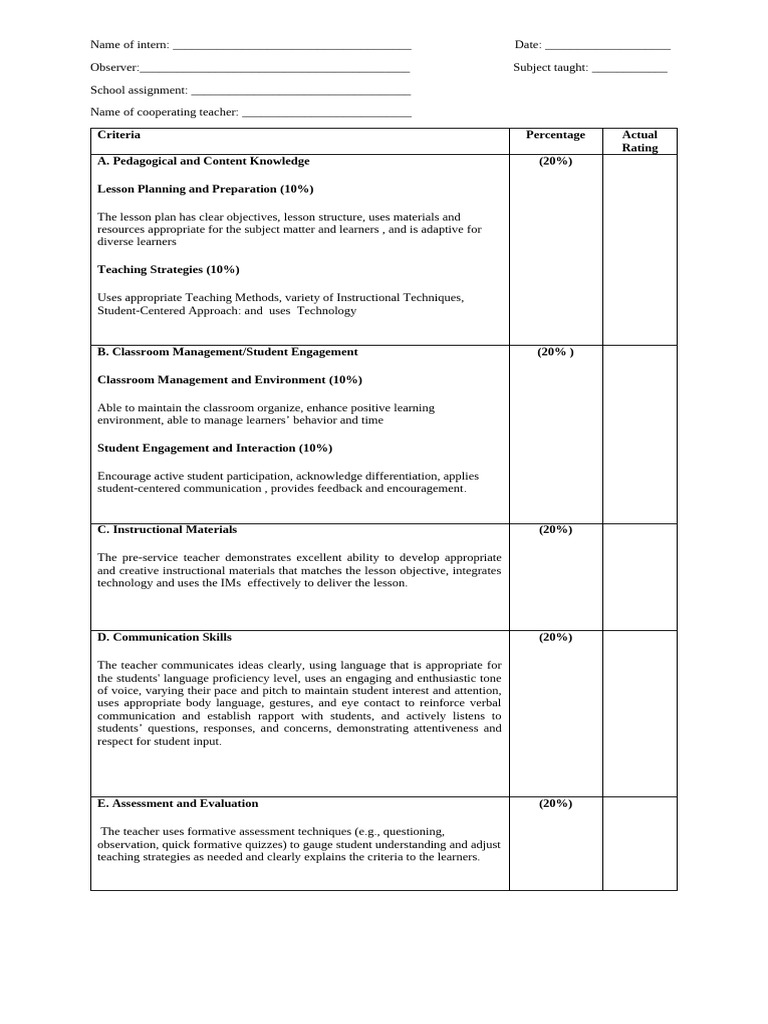 Criteria For Demo Teaching | PDF | Teachers | Learning
