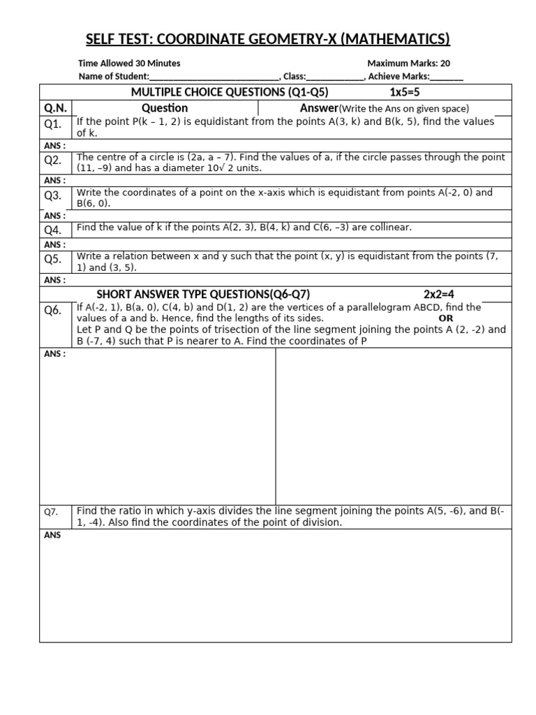 Self Test Coordinate Geometry X | PDF | Circle | Euclidean Plane Geometry