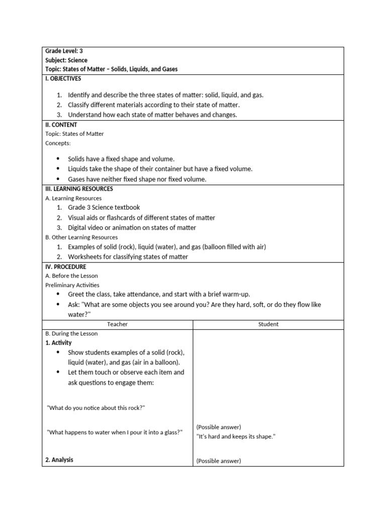 Grade Level - 3 - Lesson Plan Detailed | PDF | Gases | Liquids
