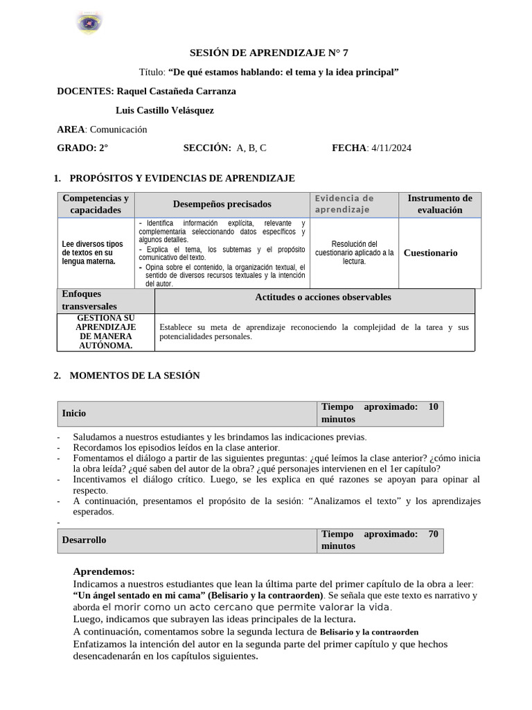 Sesión de Aprendizaje N 7 | PDF | Aprendizaje | Comprensión lectora