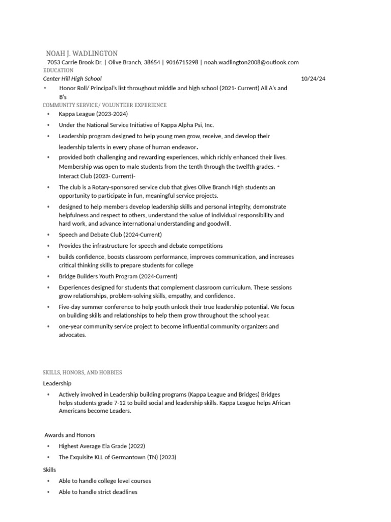 Noah Wadlington Resume 2024 | PDF | Leadership | Cognition