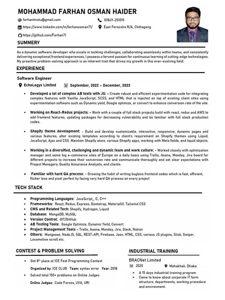 CV of Mohammad Farhan Osman Haider | PDF | Java Script | Software Engineering