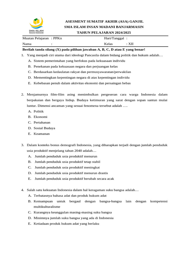 Soal ASA PPKN Kelas XII Semester Ganjil 2024 | PDF