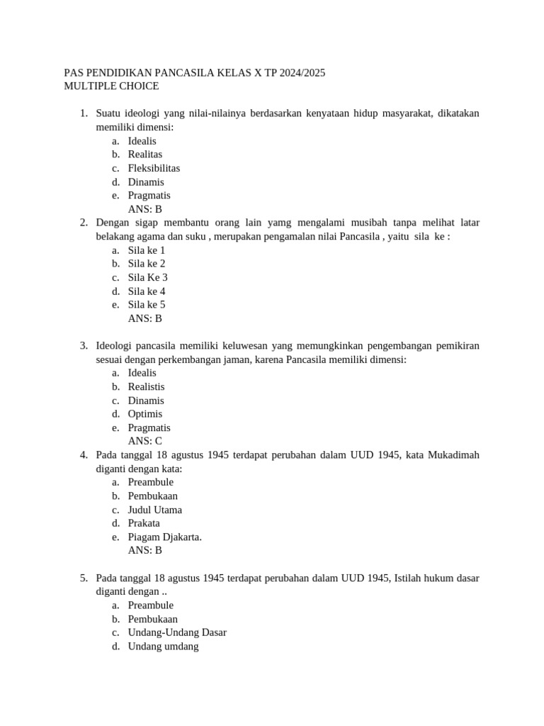 SOAL PAS Pend - Pancasila X Ganjil - 2024 | PDF