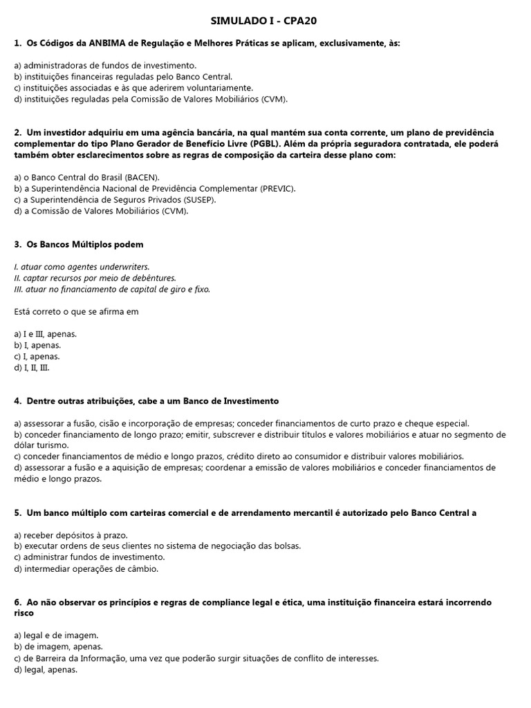 Simulado I + Gabarito - Cpa20 | PDF | Debênture | Renda fixa