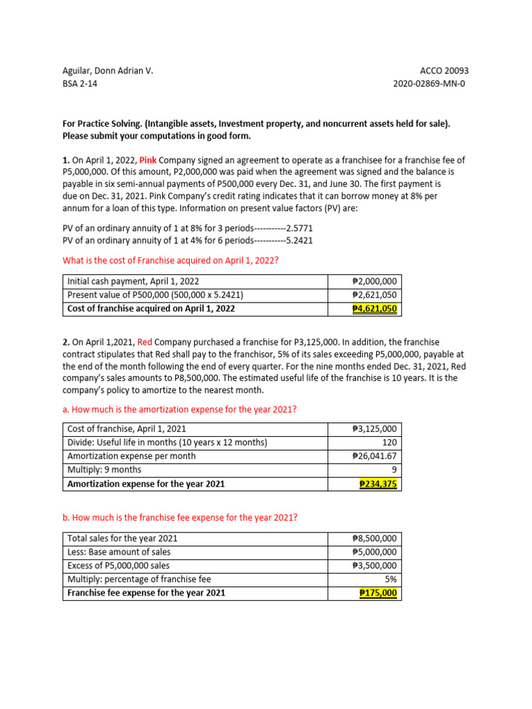 Aguilar, Donn Adrian v. - Bsa 2-14 - Practice Solving | PDF | Goodwill ...
