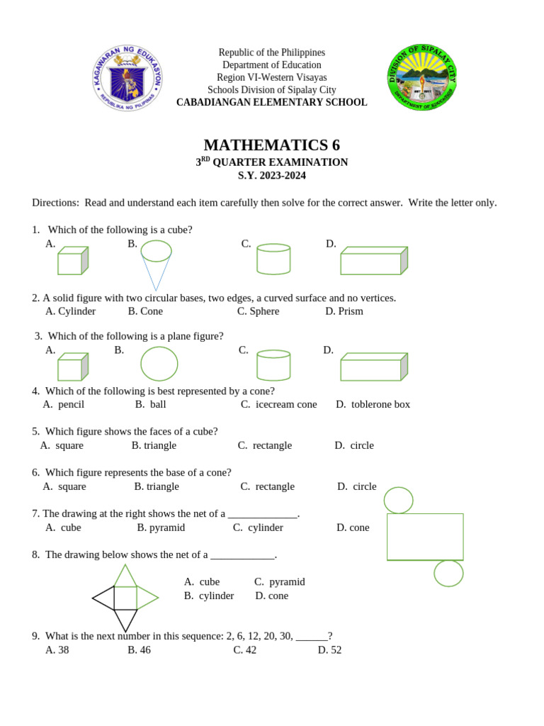 Grade 6 Math 3rd Quarter Exam | PDF | Area | Equations