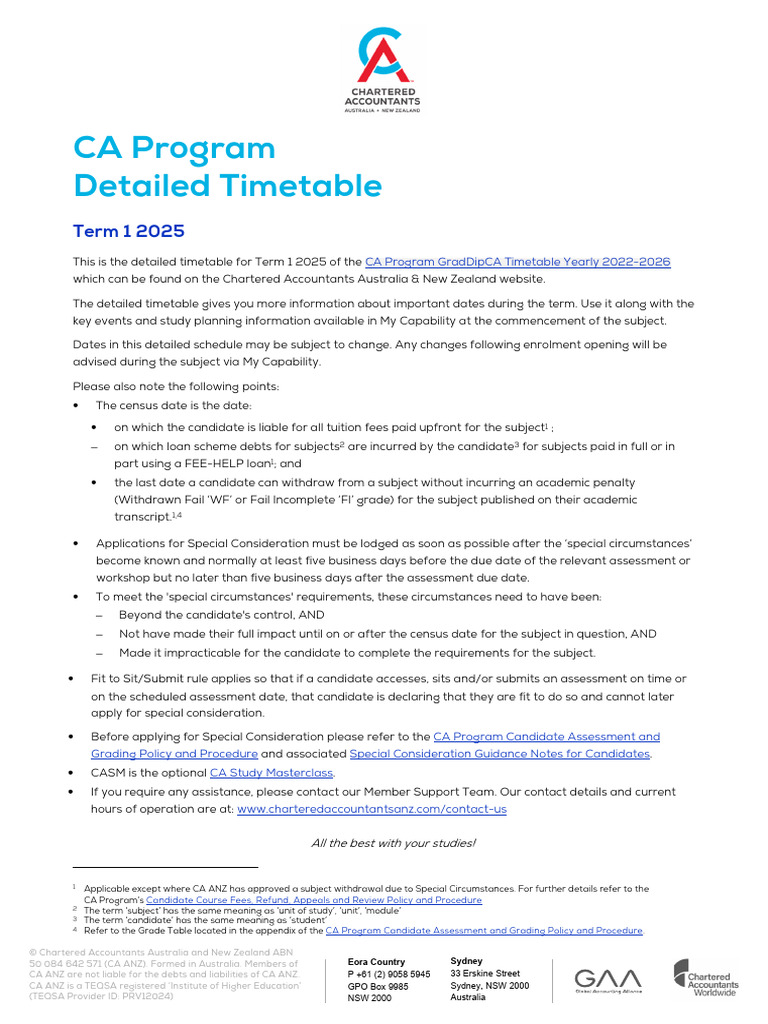 CA Program Detailed Timetable Term 1 2025 | PDF