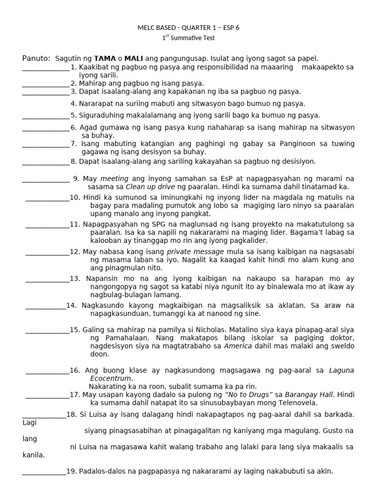 Melc Q1 Summative Esp 6 Pdf
