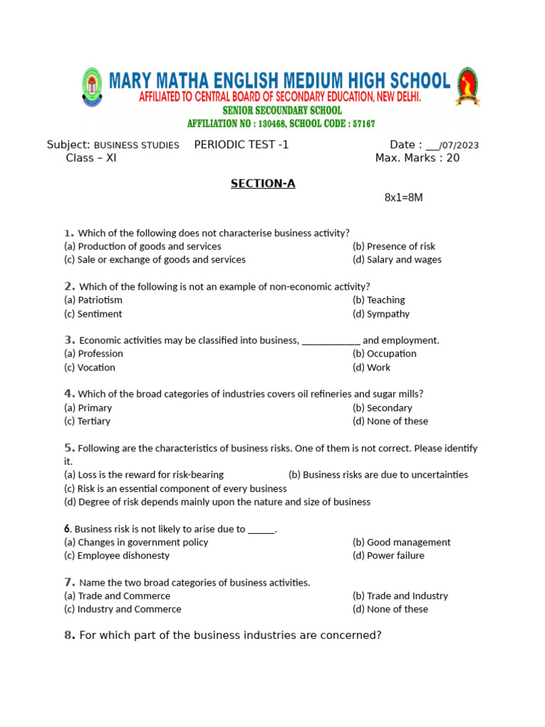 BS Class 11 PT-1 | PDF | Risk | Business