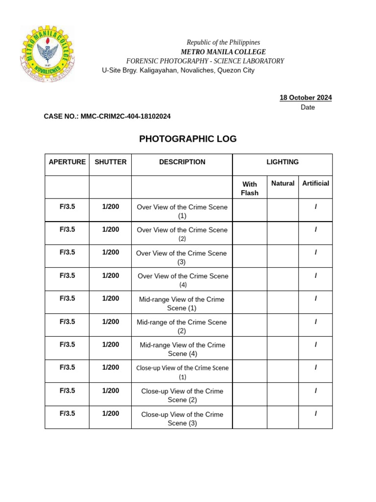 Photographic Log (Group 6) | PDF | Crime Scene | Optics