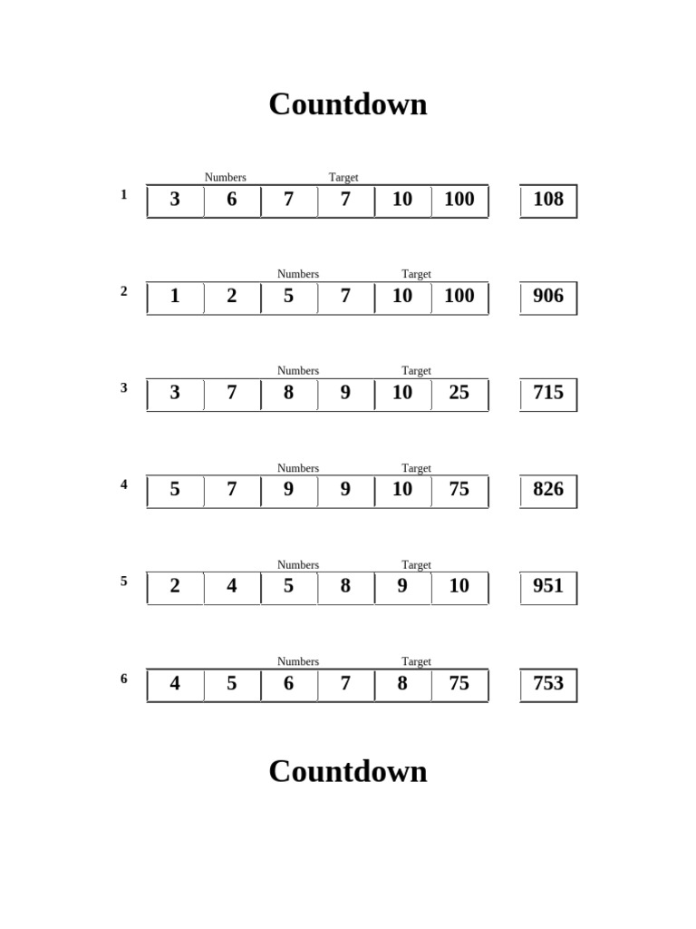 Countdown Actual Numbers | PDF