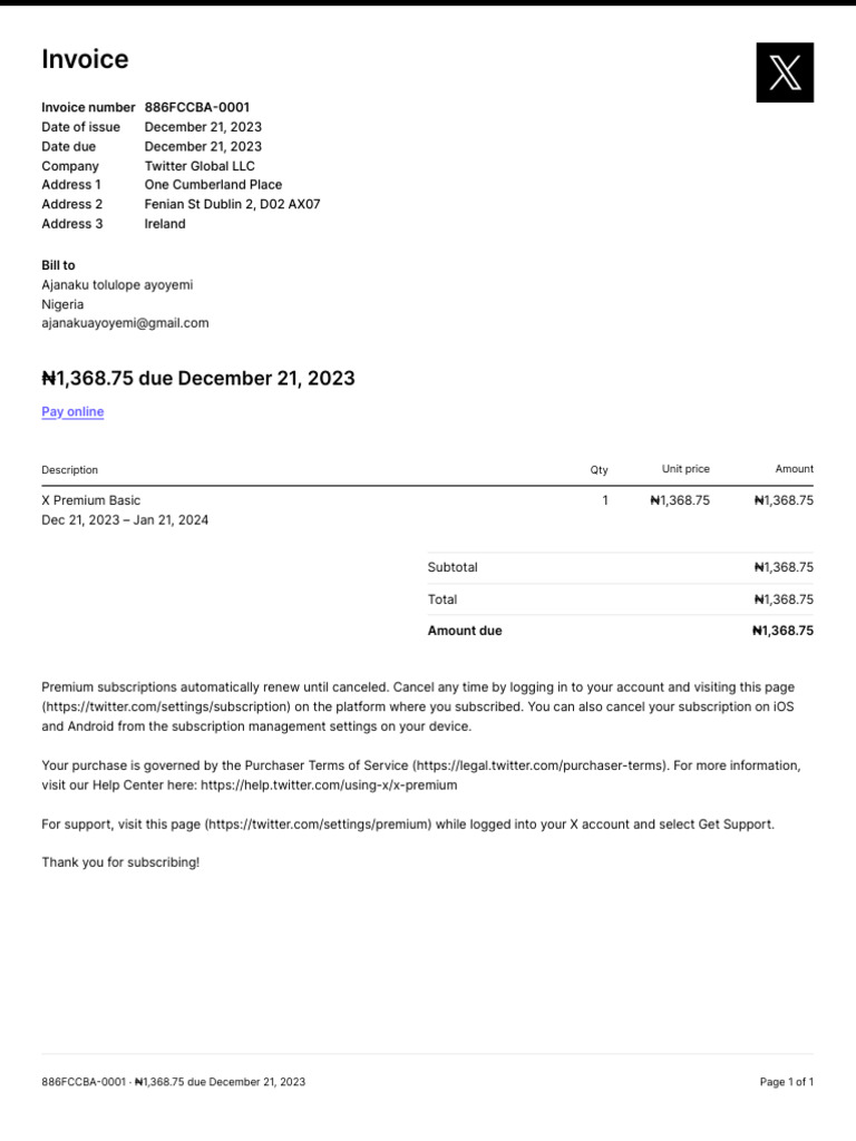 Twitter Premium Subscription Invoice | PDF