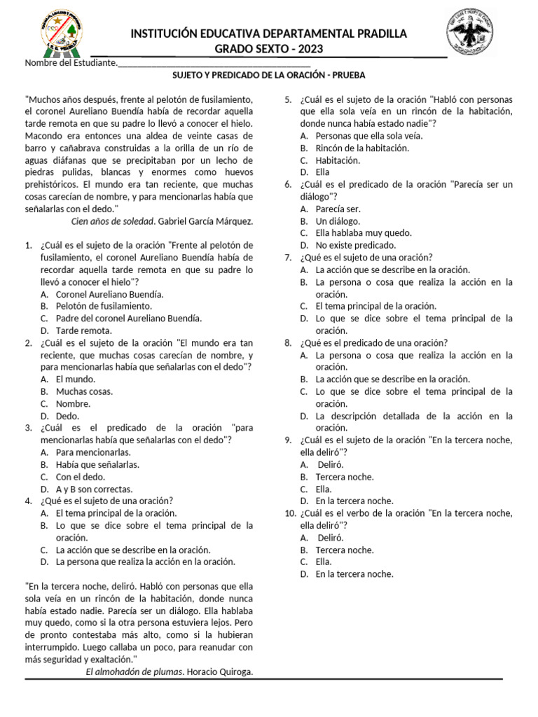 Grado 06 - Guía #5 - Sujeto y Predicado - Prueba | PDF | Oración ...