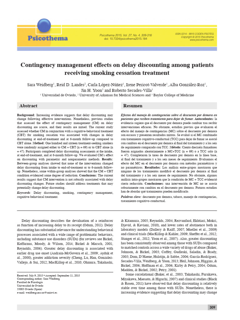 Contingency Management Effects On Delay Discounting Among Patients | PDF | Cognitive Behavioral ...